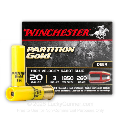 20 Gauge Ammo - Winchester Partition Gold 3" 260gr Sabot Slug - 5 Rounds