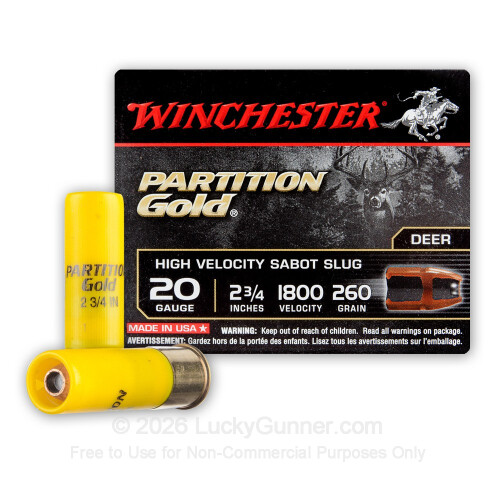 20 Gauge Ammo - Winchester Partition Gold 2-3/4" 260gr Sabot Slug - 5 ...