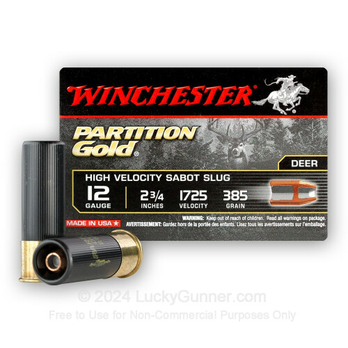 12 Gauge Ammo - Winchester Partition Gold 2-3/4" 385gr. Sabot Slug - 5 ...