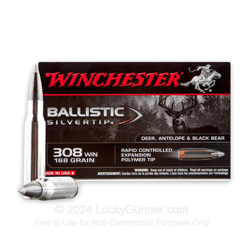 Premium 308 Win Polymer Tip Ammo For Sale - 168 gr Ballistic Silvertip ...