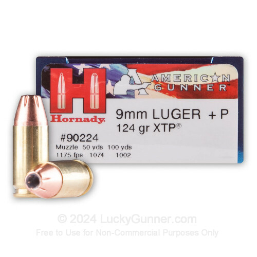 9mm Luger Ammo - Hornady American Gunner +P 124gr JHP - 25 Rounds